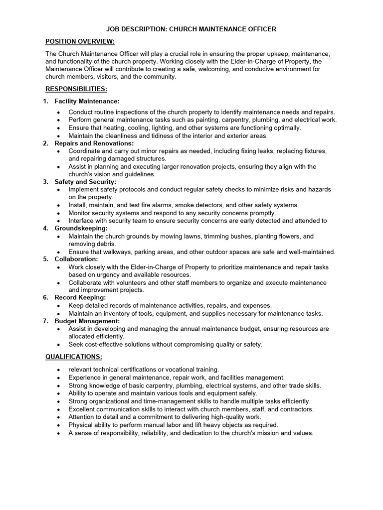 Church Maintenance Officer - Job Description | PDF