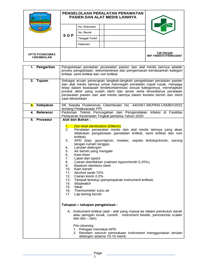5.5.5 Sop Dekontaminasi Pencucian Pembilasan Dan Sterilisasi Alat (1) | PDF