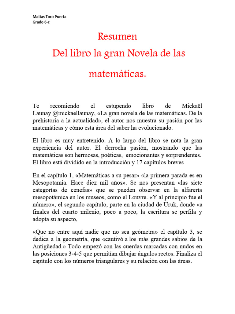 Resumen Del Libro La Gran Novela de Las Matematicas Matias Toro 6-c ...