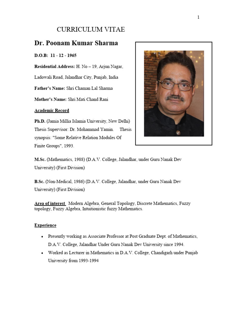 Dr. Poonam Kumar Sharma CV | PDF | Module (Mathematics) | Ring (Mathematics)