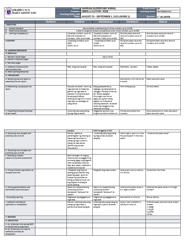 DLL Math-3 Q1 W1 | PDF