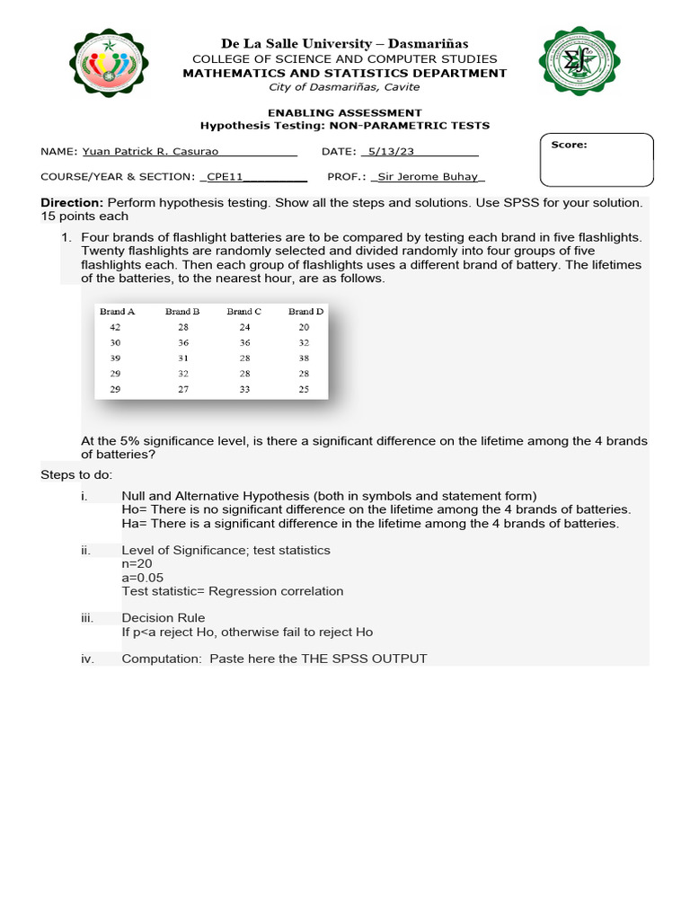Enabling Assessment in Non-Parametric Tests | PDF Enabling Assessment in Non-Parametric Tests | PDF