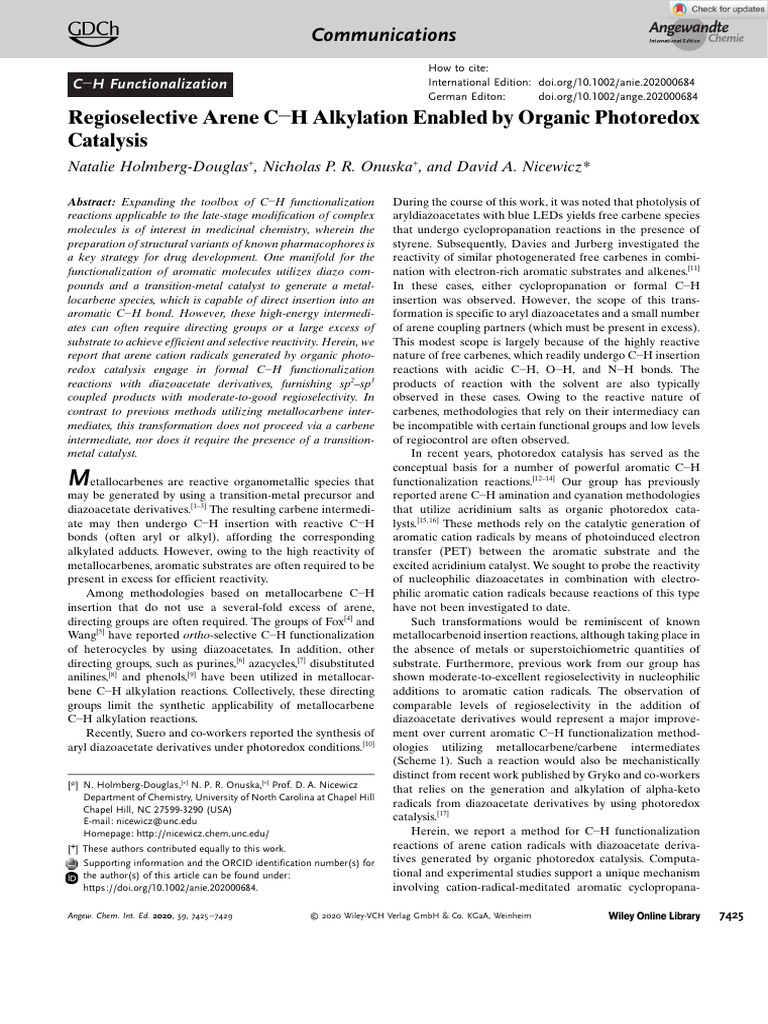 Angew Chem Int Ed - 2020 - Holmberg Douglas - Regioselective Arene C H Alkylation Enabled by ...