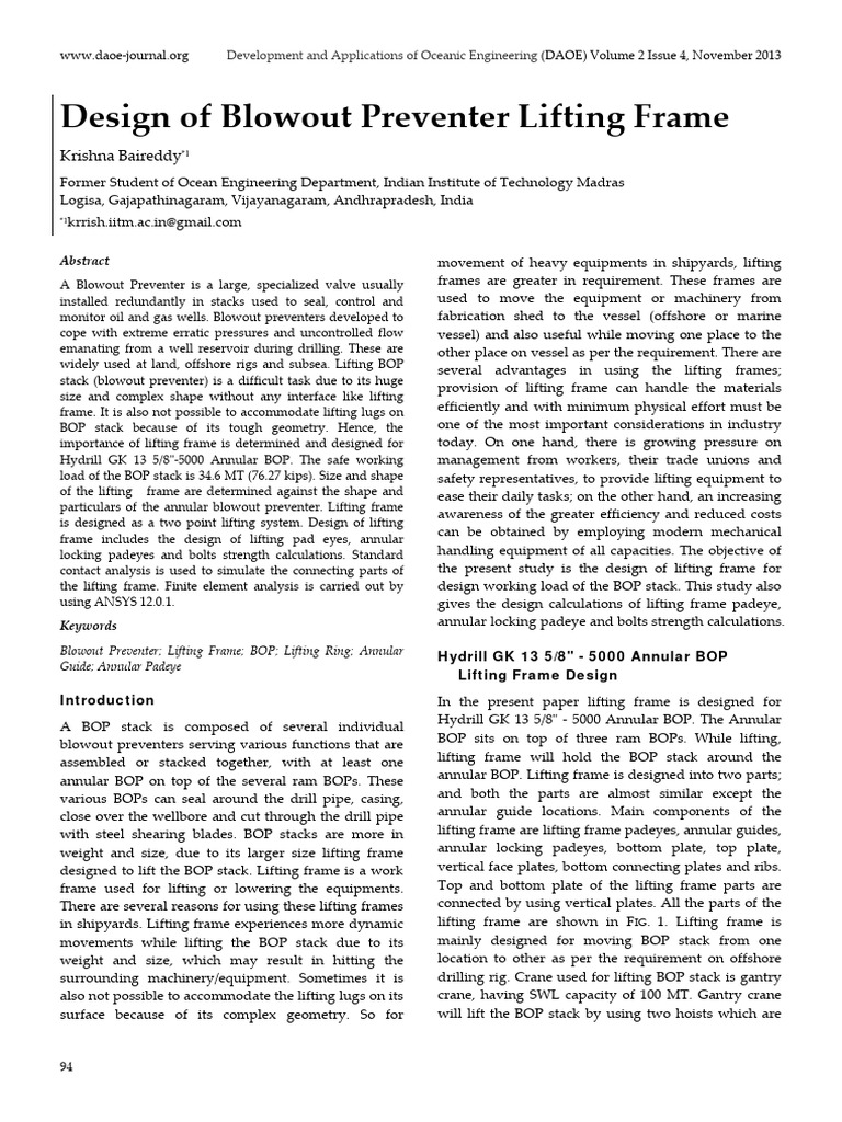 Design of Blowout Preventer Lifting Fram | PDF | Bending | Stress ...