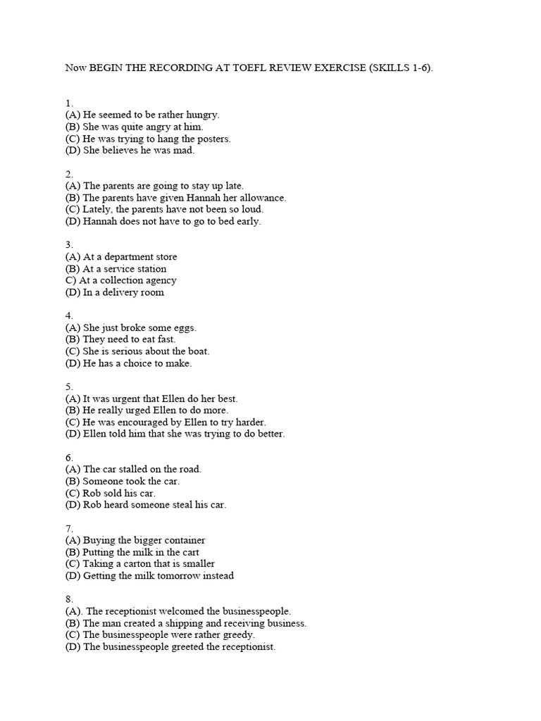 TOEFL Review Exercise - Skill 1-6 | PDF