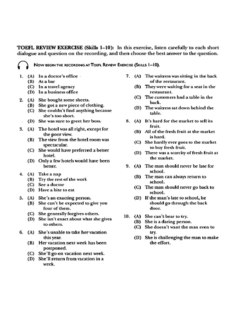 TOEFL Review Exercise - Skill 1-10 | PDF