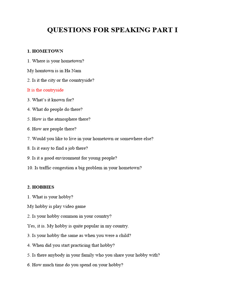 QUESTIONS FOR SPEAKING PART I_B1 | PDF