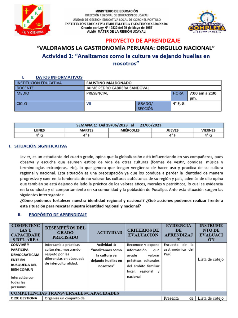 Actividad 1 4 Proyecto De Aprendizaje Pdf Aprendizaje Perú