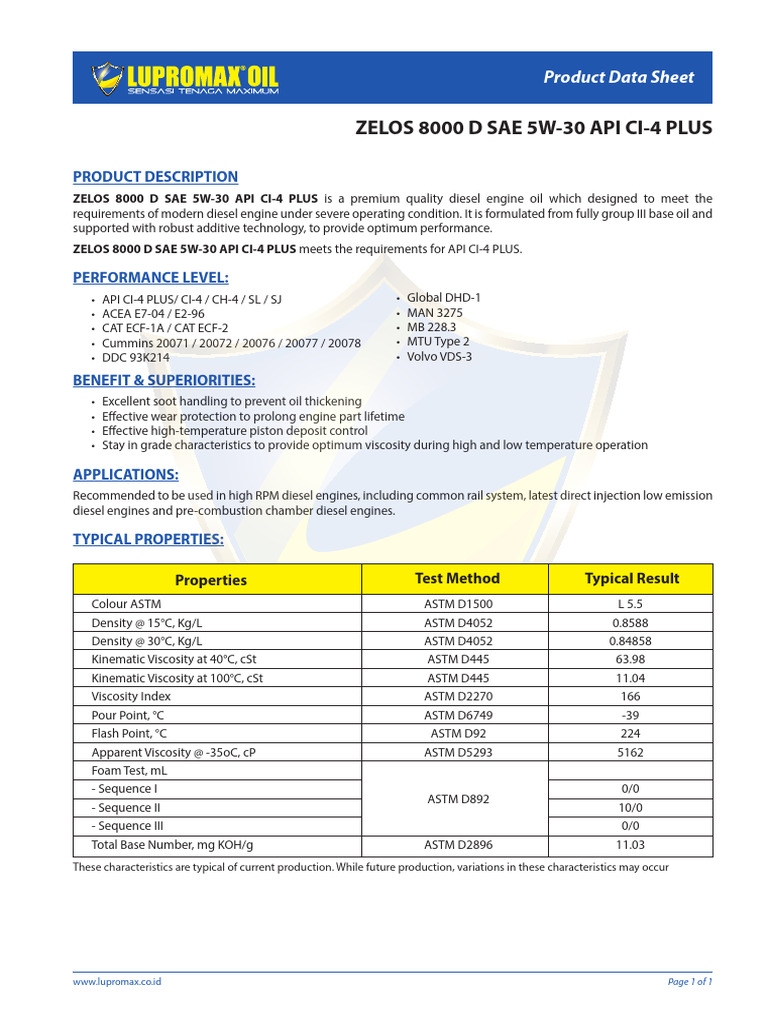 Pds-Zelos 8000 D 5W-30 Api-Ci-4 Plus | PDF
