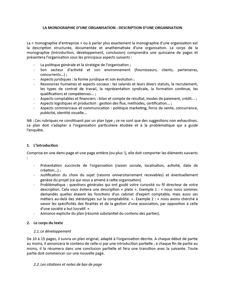 Monographie d'une Organisation: Guide Pratique | PDF