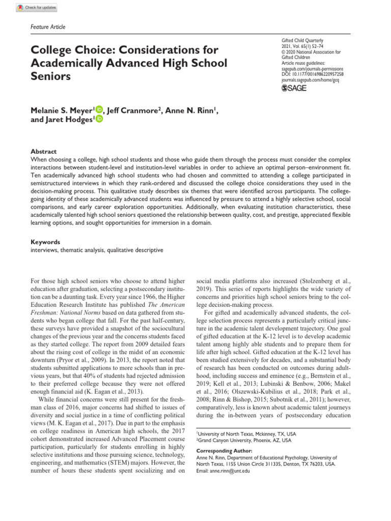 Meyer Et Al 2020 College Choice Considerations For Academically ...