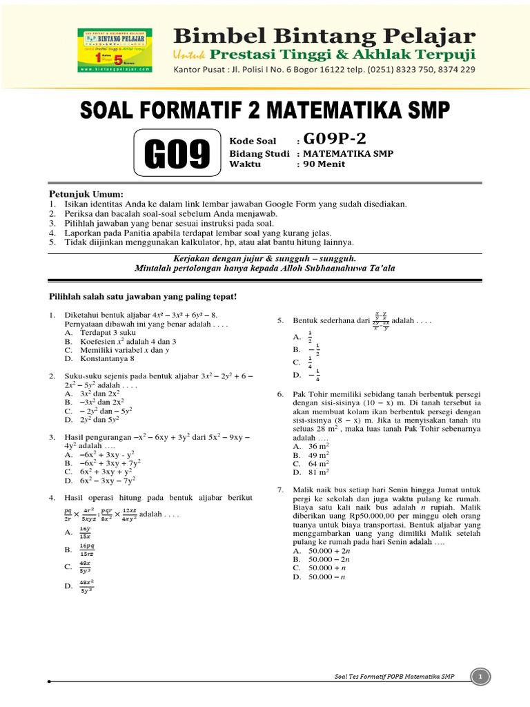 G09P - Soal Tes Formatif 2 Guru MATEMATIKA SMP (Layout) - POPB Akbar | PDF