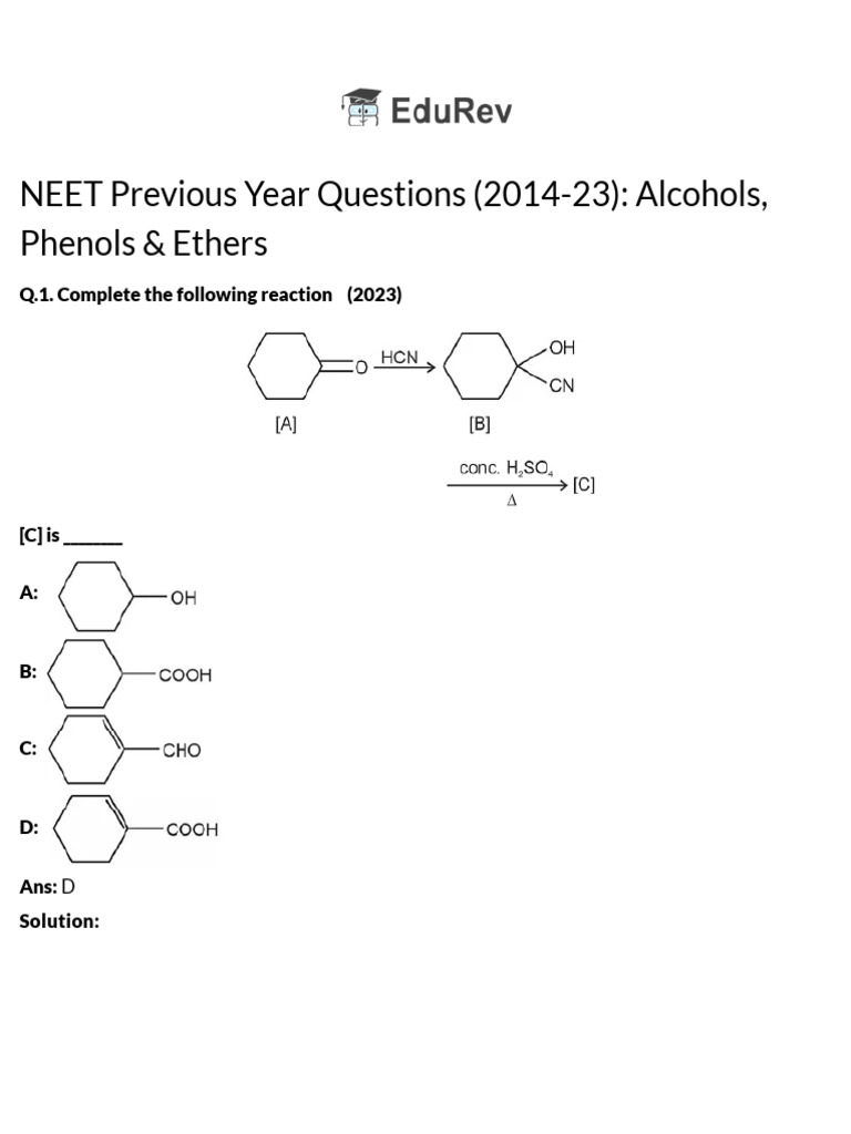 NEET PYQs: Alcohols, Phenols & Ethers | PDF | Ether | Chemical Reactions