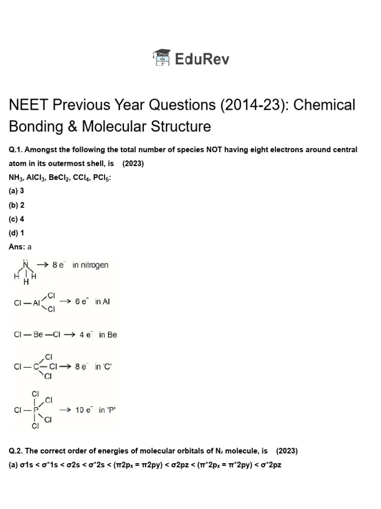 Chemical Bonding and Molecular Structure - PYQ Chemistry Class 11 PDF ...