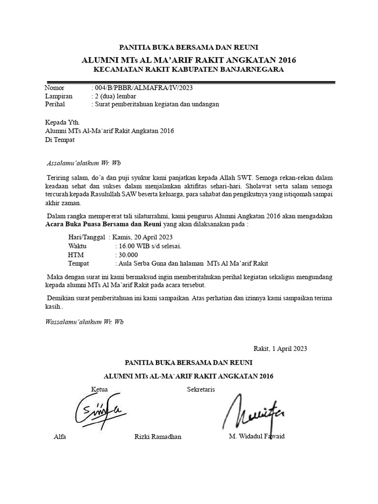 Contoh SURAT UNDANGAN REUNI & BUKBER ALUMNI-Rev | PDF