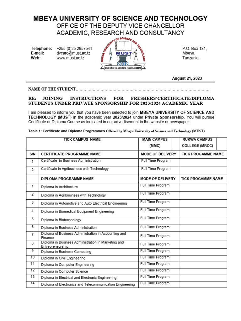 MUST Freshers' Joining Guide | PDF