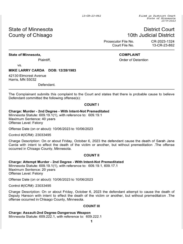 Mike Carda Complaint | PDF | Murder | United States Federal Sentencing ...