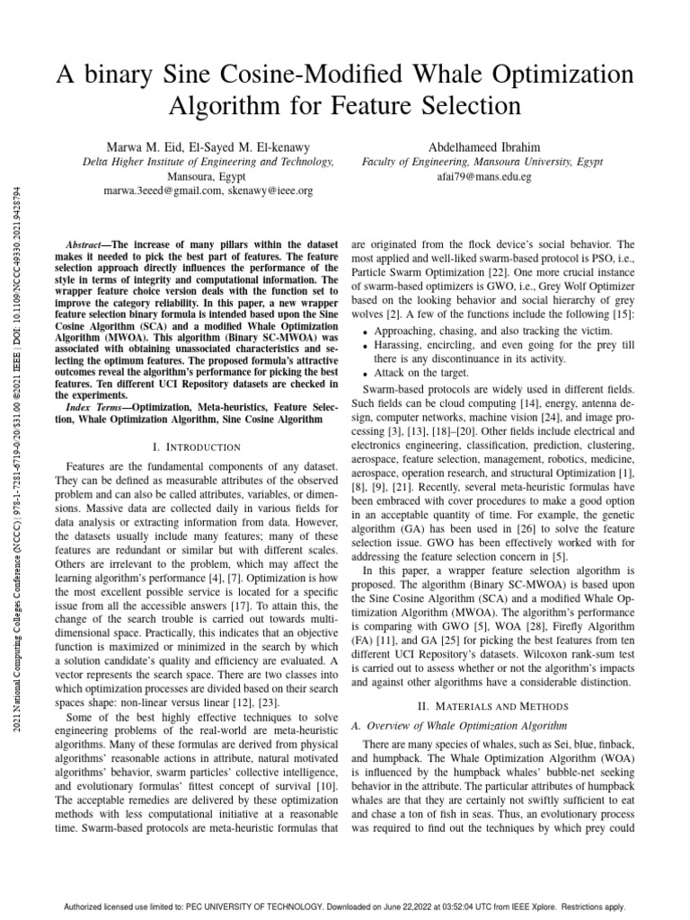 A Binary Sine Cosine Modified Whale Optimization Algorithm For Feature Selection Pdf