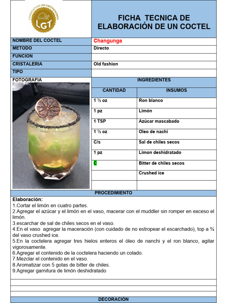 Ficha Técnica de Elaboración de Un Cóctel | PDF