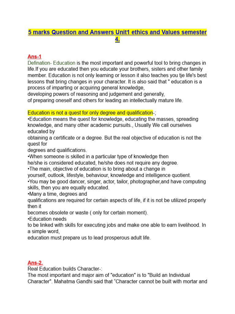 Unit1 (4.1) 5 Marks Question and Answers Ethics and Values Semester 4. | PDF | Knowledge | Teachers