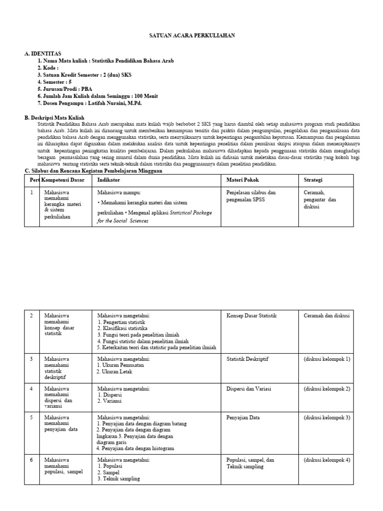 IPMAFA SATUAN ACARA PERKULIAHAN Statistika PBA 22 | PDF