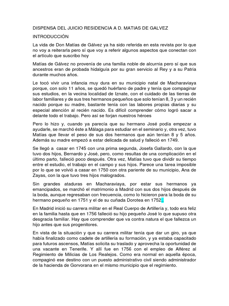 JUICIO RESIDENCIA MATIAS DE GALVEZ Revista Pendulo | PDF