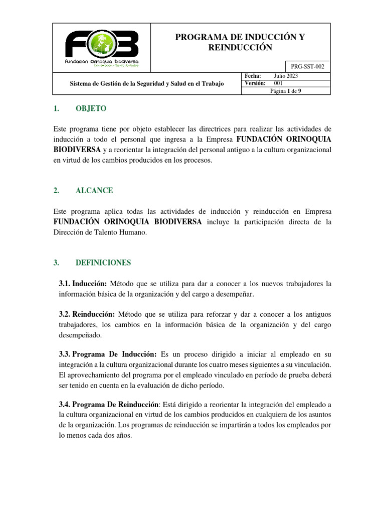 PRG-SST-002 Programa de Inducción y Reinducción | PDF