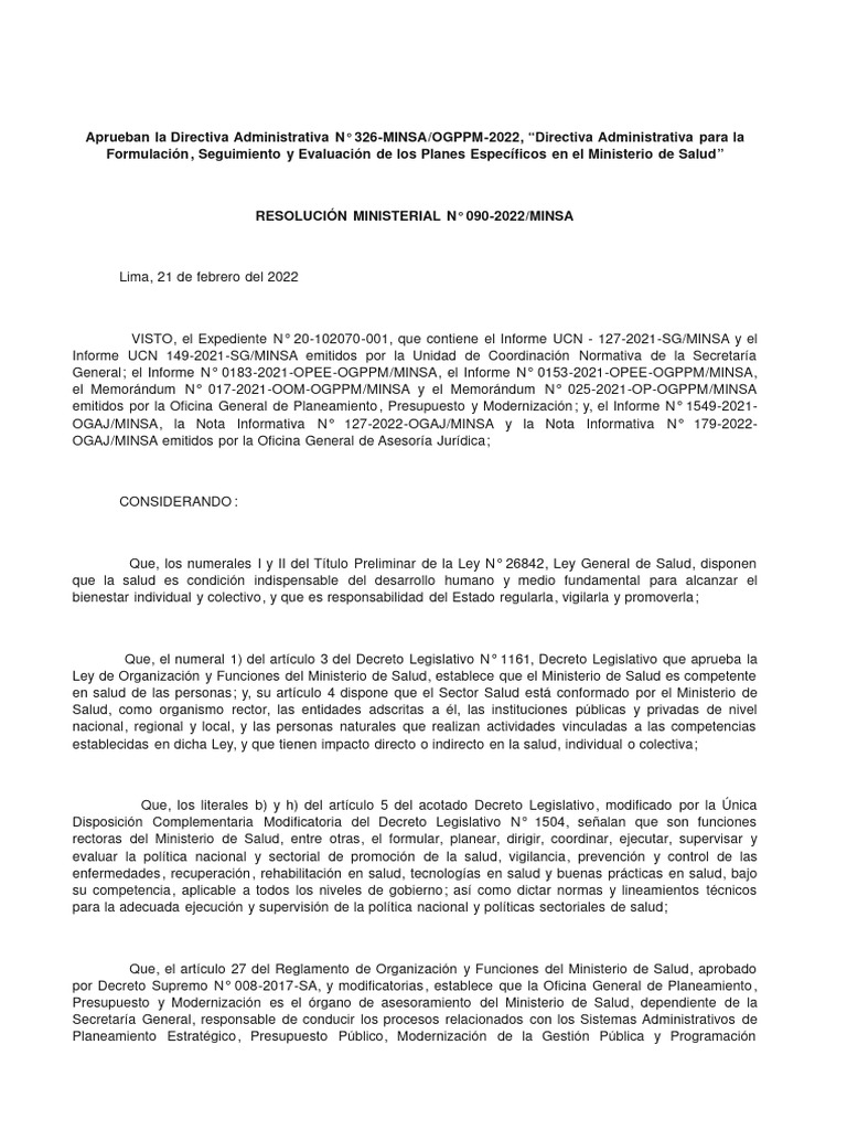 RM 090-2022 Minsa Planes Especificos | PDF