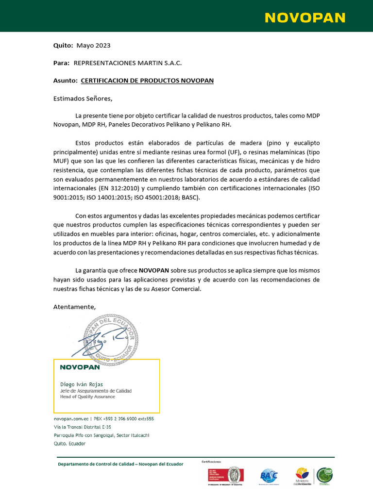 Certificado de Calidad Novopan 05-23 | PDF