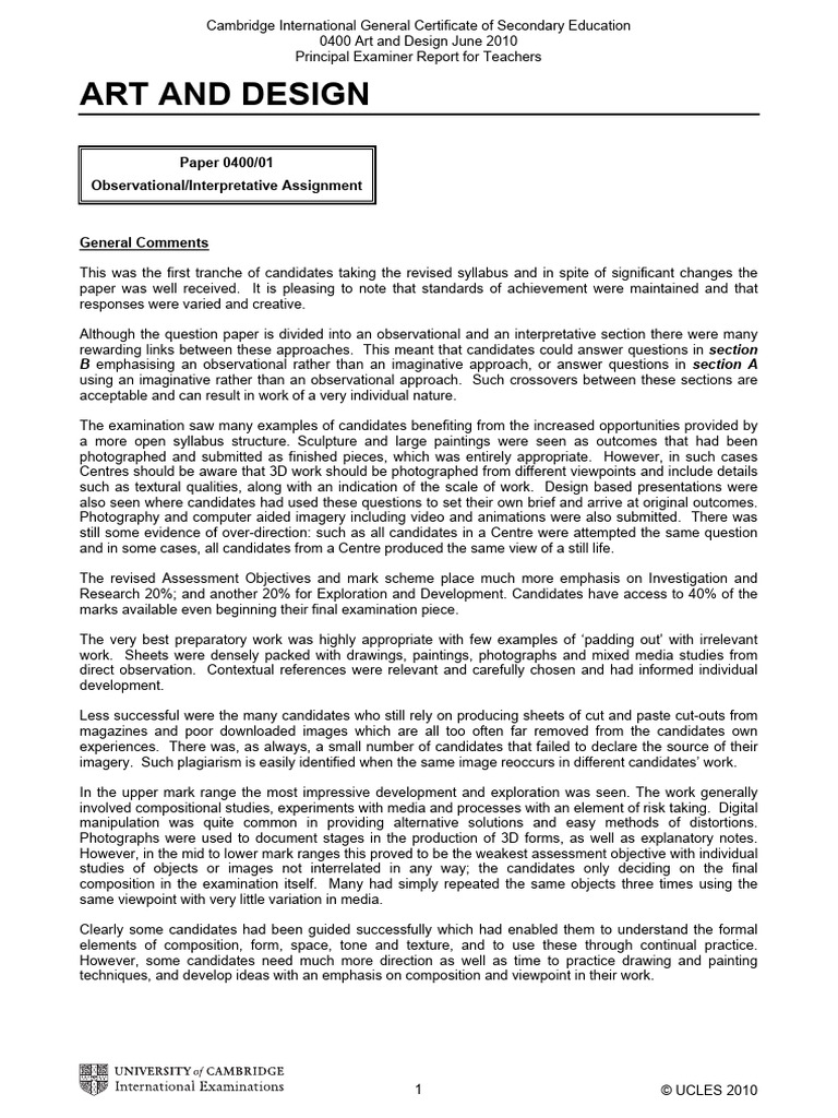 Art And Design Paper 0400 01 Observational Interpretative Assignment Pdf