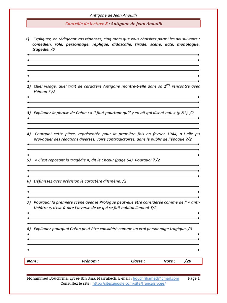 Contrôle de Lecture 5 Antigone de Jean Anouilh | PDF