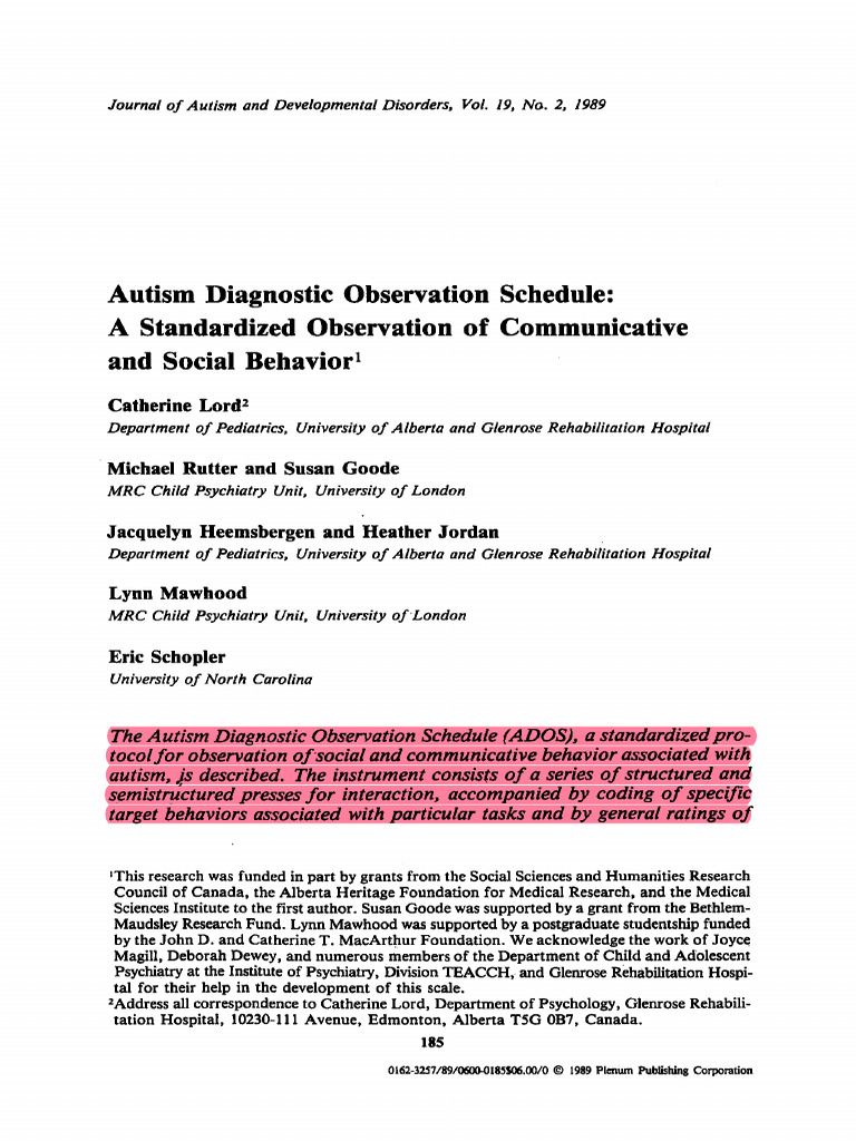 Ados 1989 | PDF | Autism Spectrum | Intellectual Disability