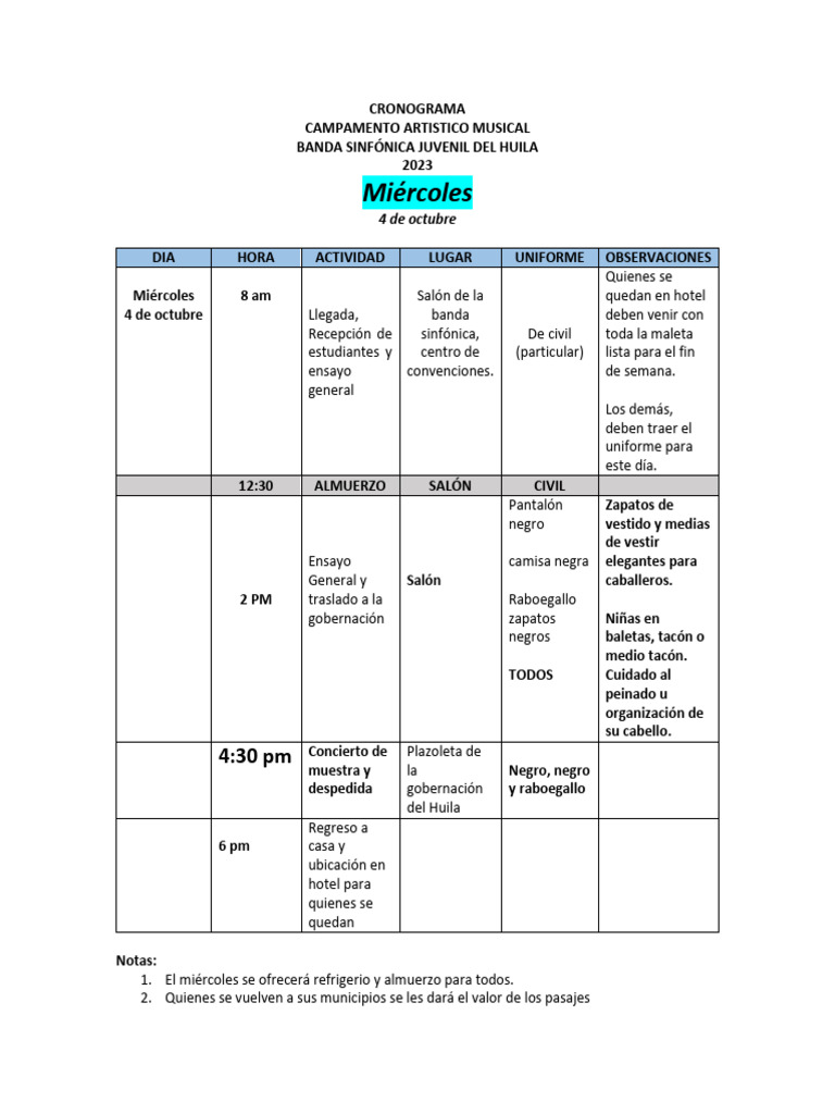 Cronograma General Campamento BSJH 2023 | PDF
