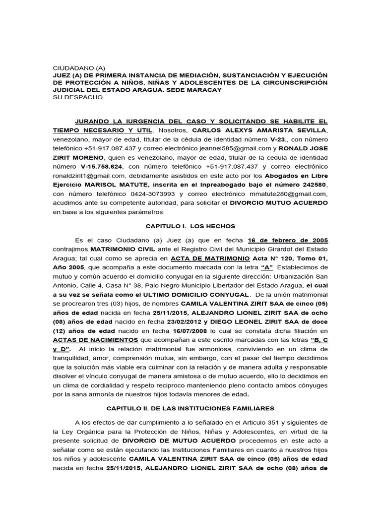 Divorcio Por Mutuo Acuerdo Con Hijo Pdf Divorcio Instituciones