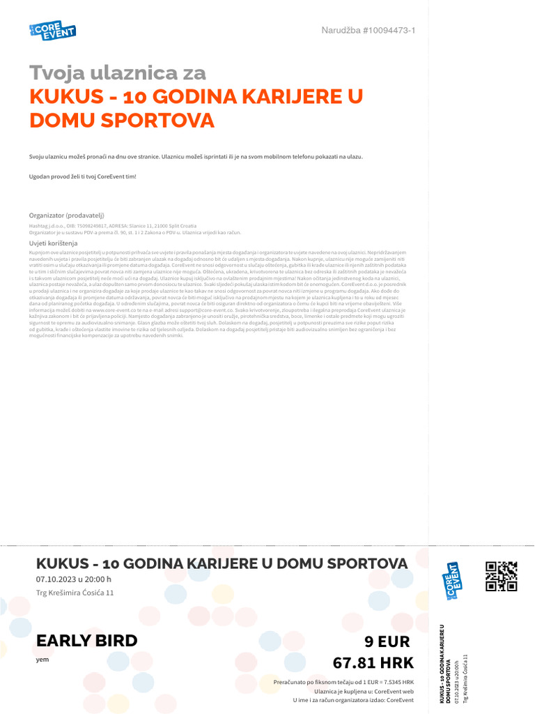 CoreEvent Ulaznica 1 #10094473 | PDF