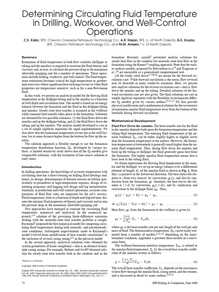 Determining Circulating Fluid Temperature in Drilling, Workover, and Well Control Operations | PDF