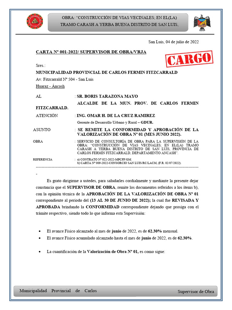 Carta #01-2022 - (Aprob. Val. #01) | PDF