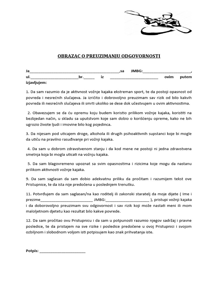 Obrazac o Preuzimanju Odgovornosti | PDF