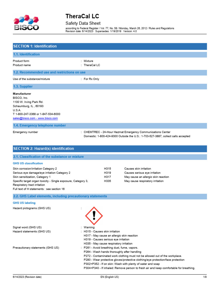 TheraCal LC Safety Data Sheet | PDF