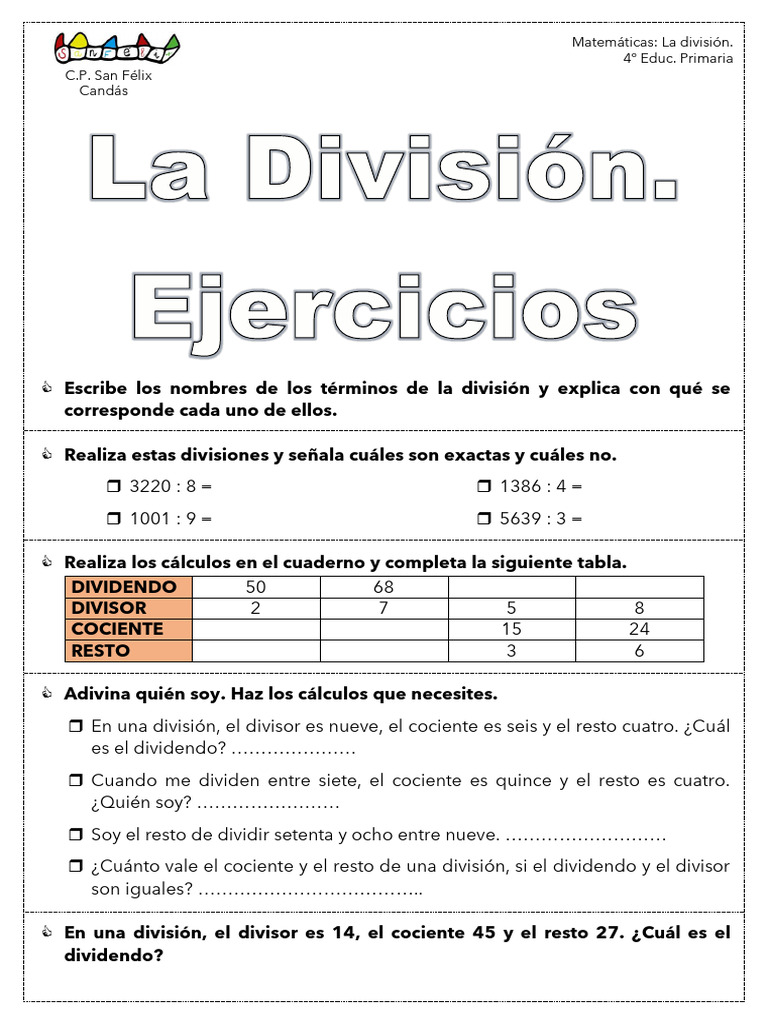 01 - La División Por 1 y 2 Cifras - Ejercicios | PDF