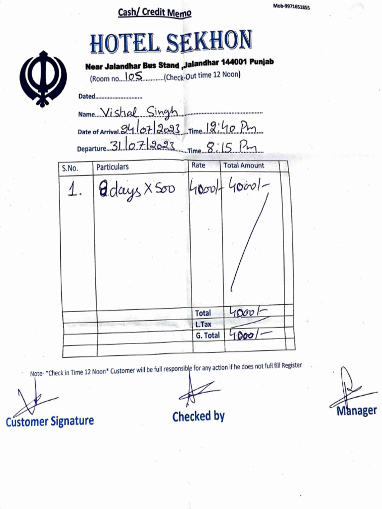 Hotel Check-In/Out Receipt Template | PDF