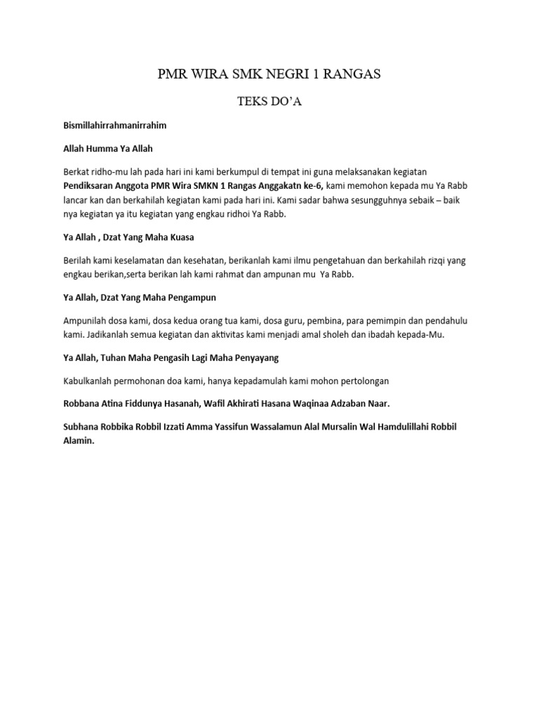 Teks Doa PMR Wira Angkatan 6 | PDF | Agama & Spiritualitas