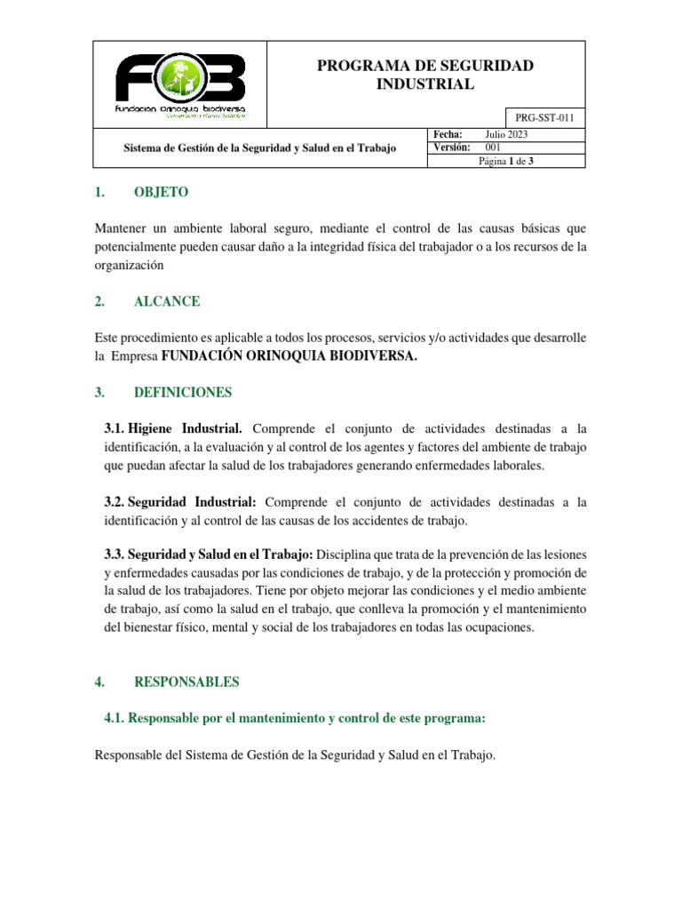 PRG-SST-011 Programa de Seguridad Industrial | PDF