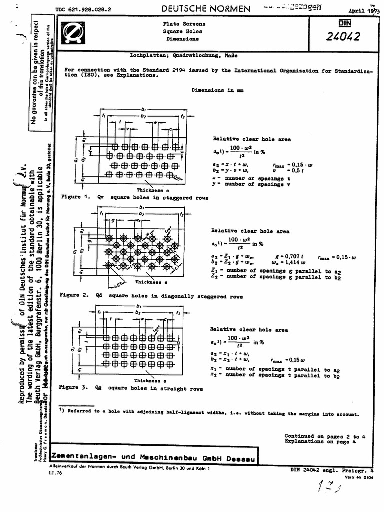 DIN 24042-1973, Plate Screens, Square Holes, Dimensions | PDF