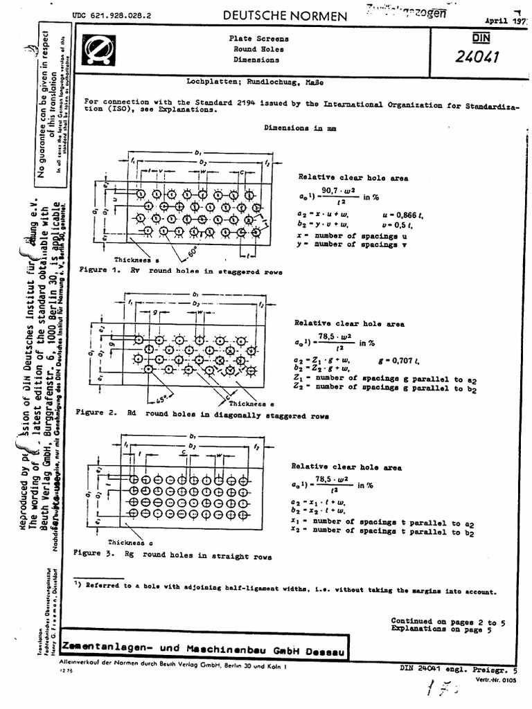 DIN 24041-1973, Plate Screens, Round Holes, Dimensions | PDF