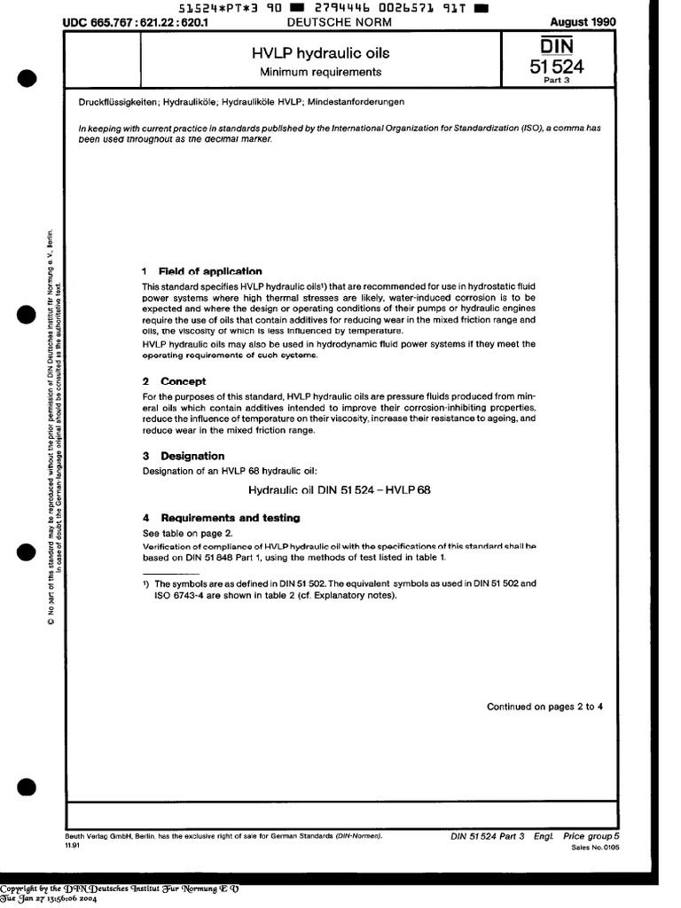 DIN 51524-3-1990, HVLP Hydraulic Oils | PDF