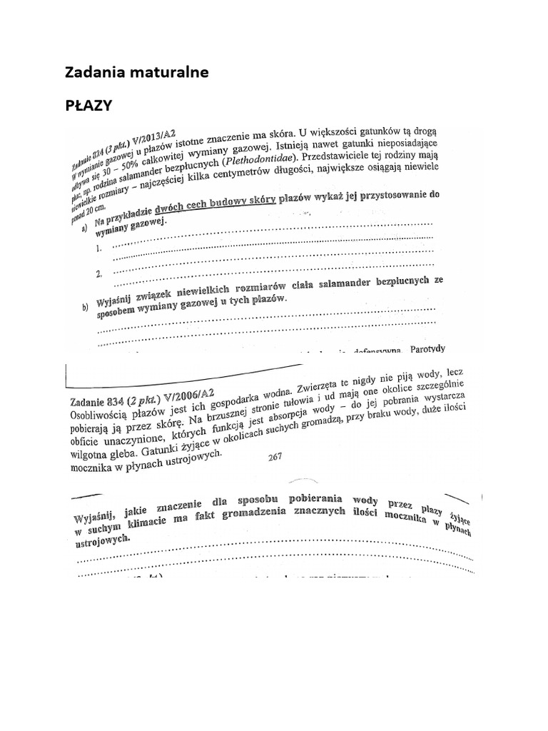 Zadania Maturalne PLAZY GADY SSAKI | PDF