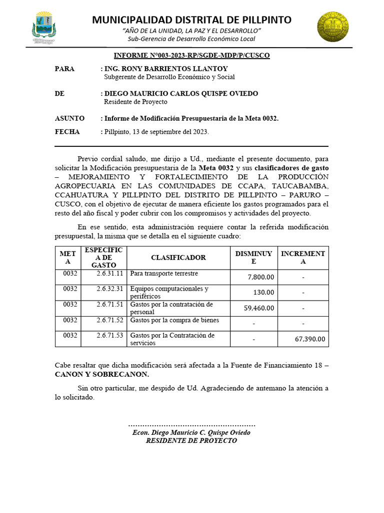 INFORME N°003-2023-RP Modificación Presupuestaria | PDF