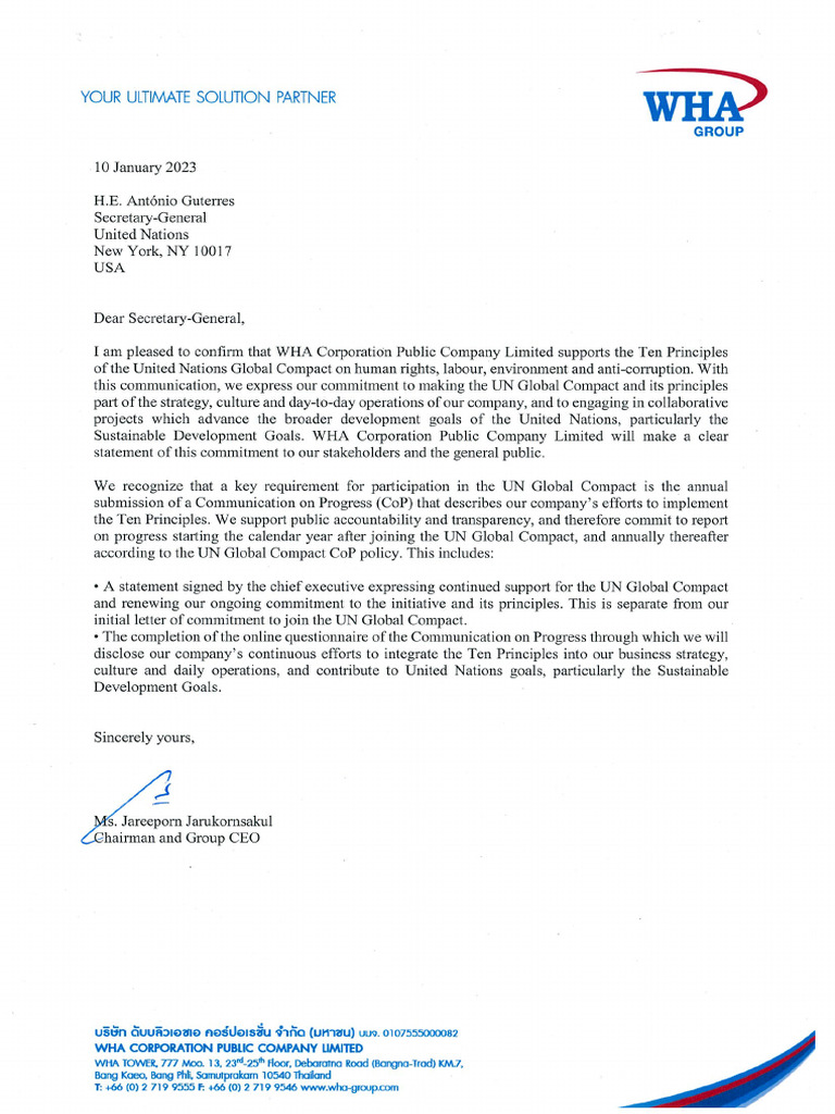 WHA - Letter of Commitment - UNGC - Signed | PDF