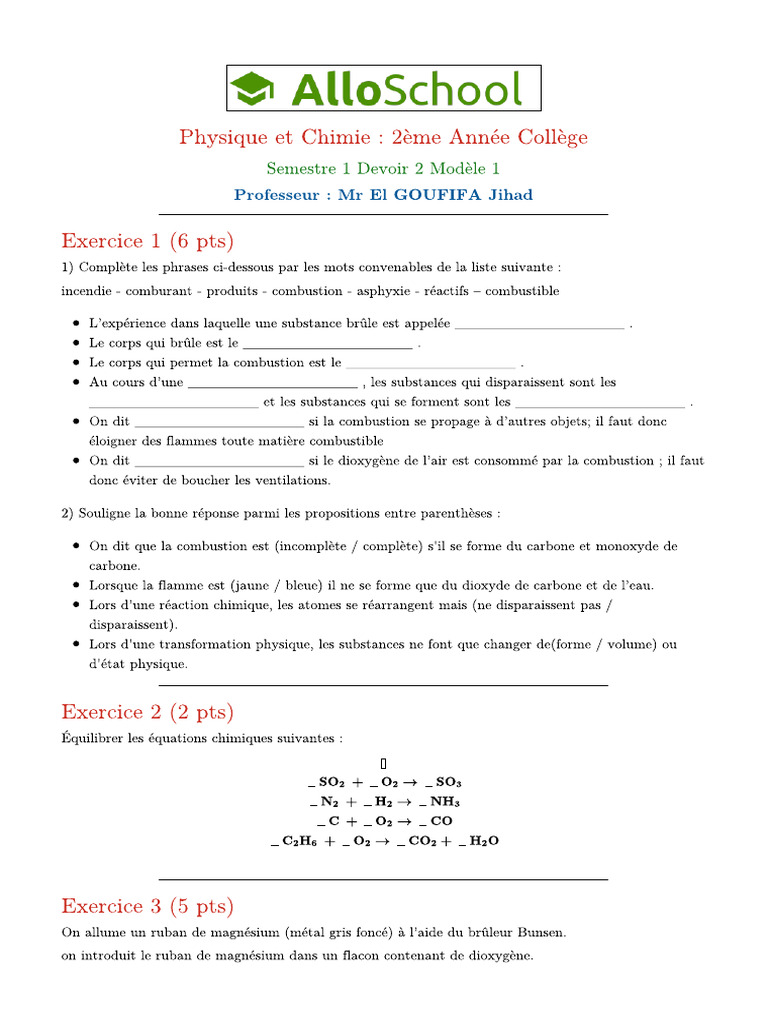 PC 2ac Semestre 1 Devoir 2 Modele 1 2 | PDF
